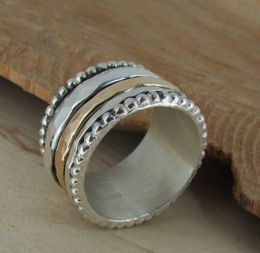 14k Gold and Silver Spinner Ring, Wide Wedding Bands, Meditation Ring ...